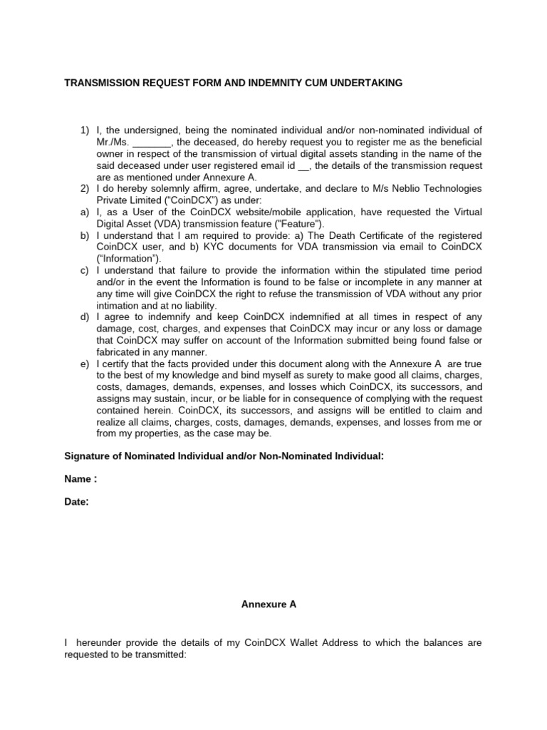 Transmission Request Form and Indemnity Cum Undertaking | PDF ...