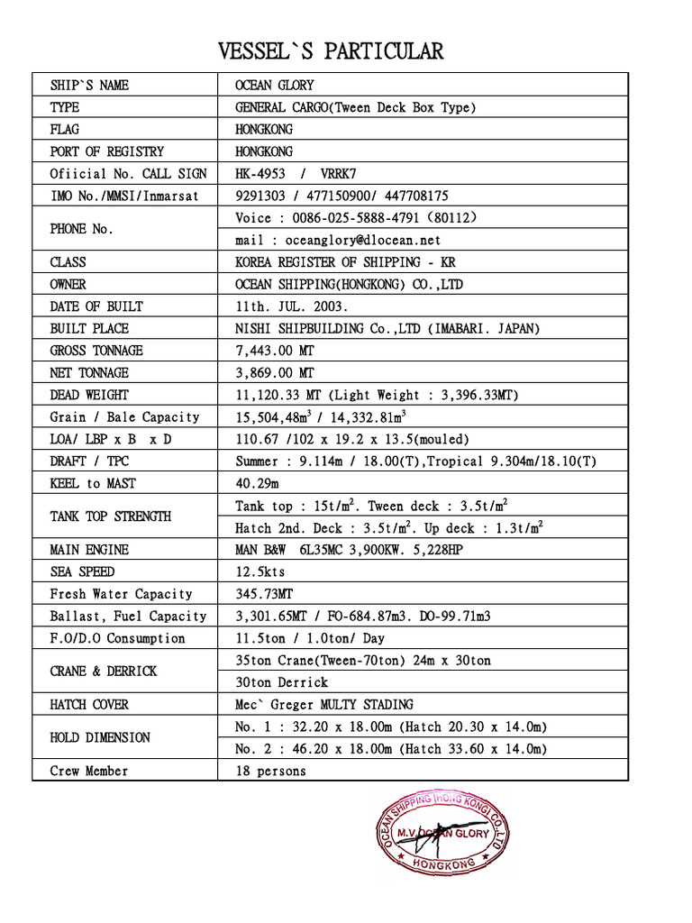 MV Ocean Glory Vessel Specifications | PDF