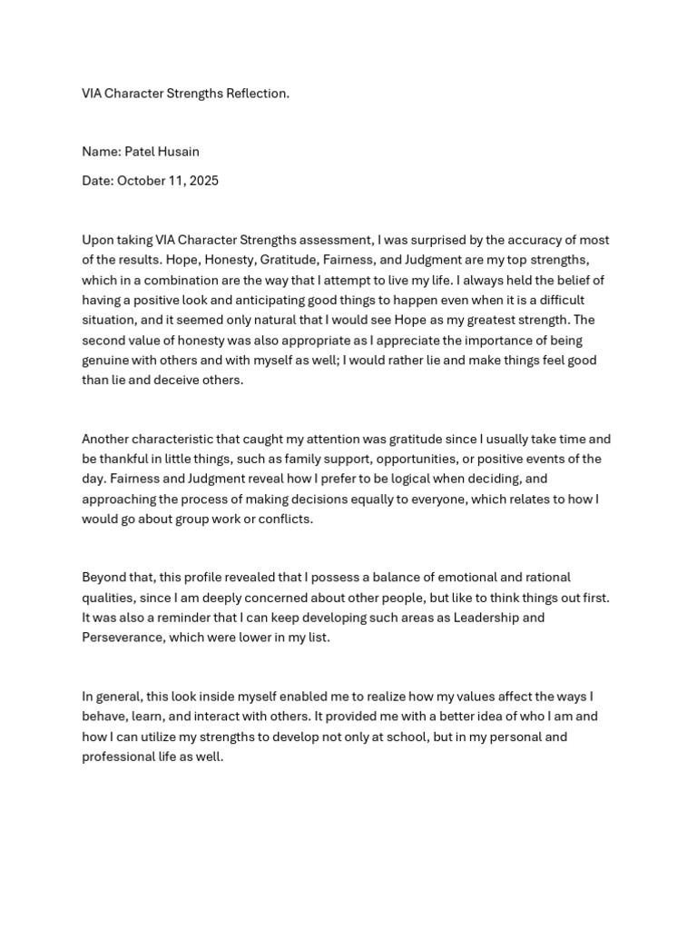 Via Character Strengths Reflection | PDF