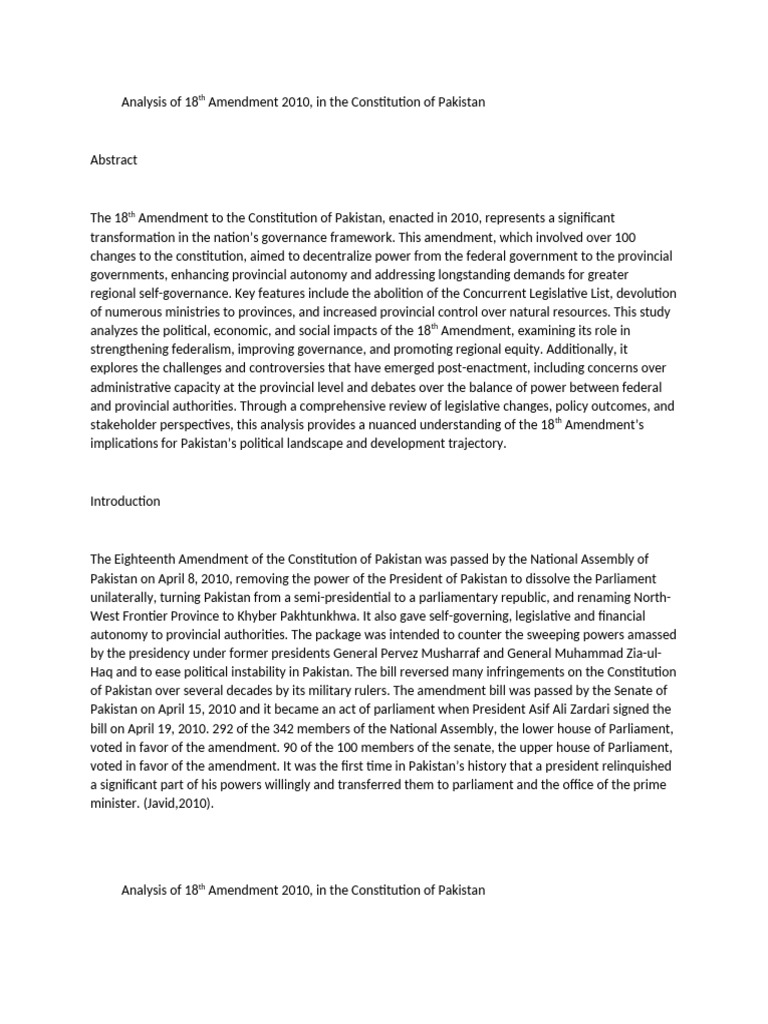 18th Amendment Impact on Pakistan's Governance | PDF | Parliament Of ...