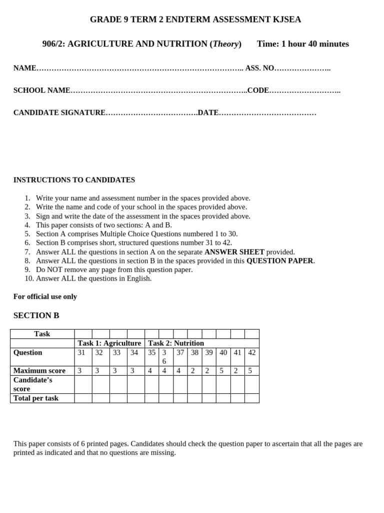 Grade 9 Agriculture & Nutrition Assessment | PDF | Soil | Agriculture