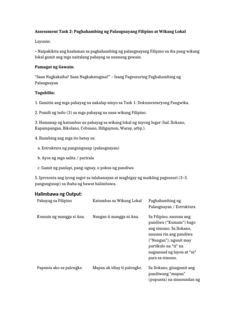 Assessment Task 2 Paghahambing NG Palaugnayan-1 | PDF