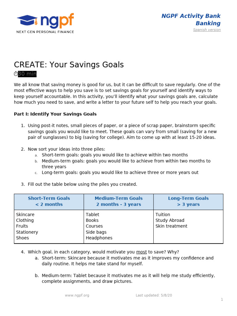 WK1-CREATE - Your Savings Goals-2 | PDF | Disciplines