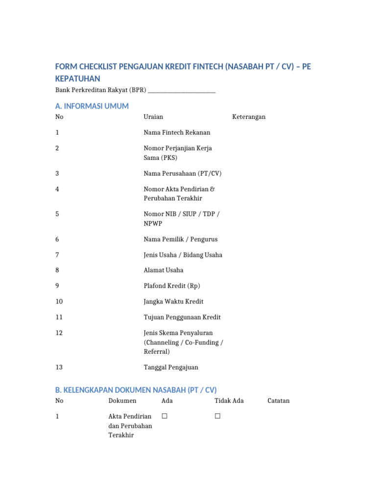 Form Checklist Pengajuan Kredit Fintech PT CV PE Kepatuhan | PDF