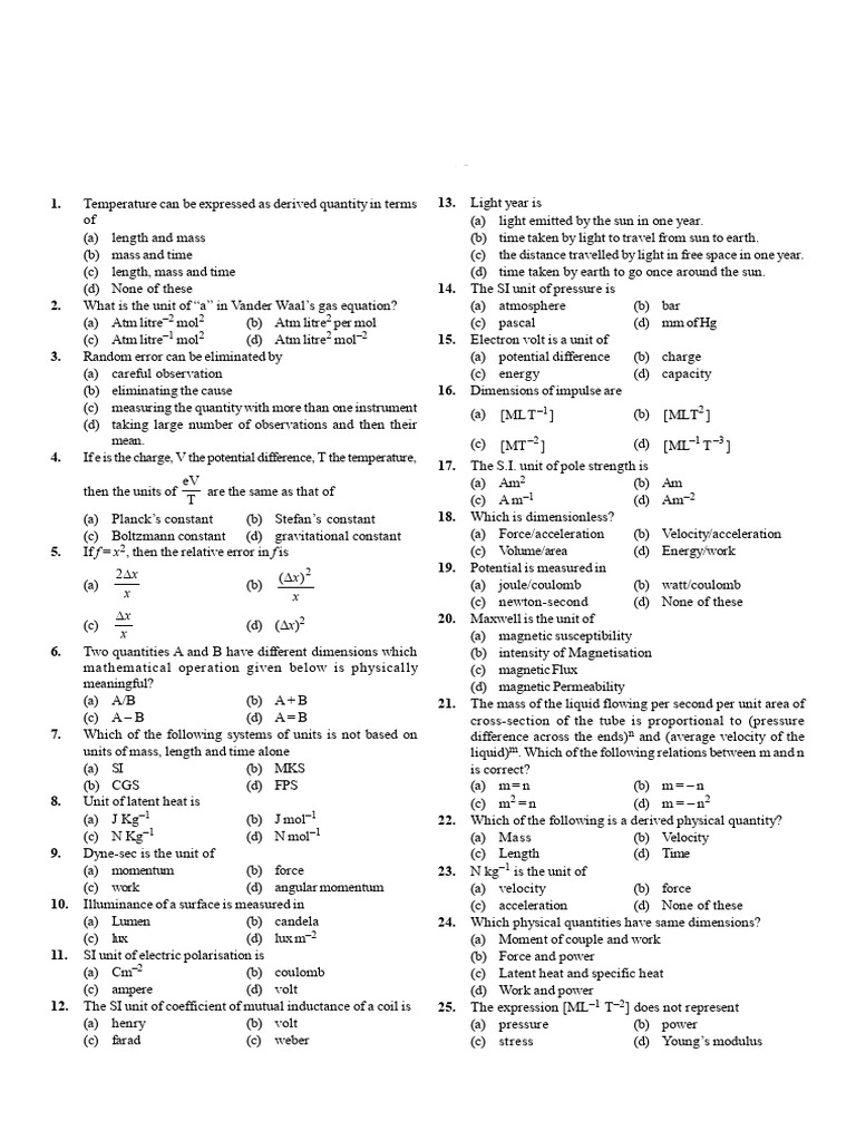 Physics Units and Measurements Quiz | PDF | International System Of ...