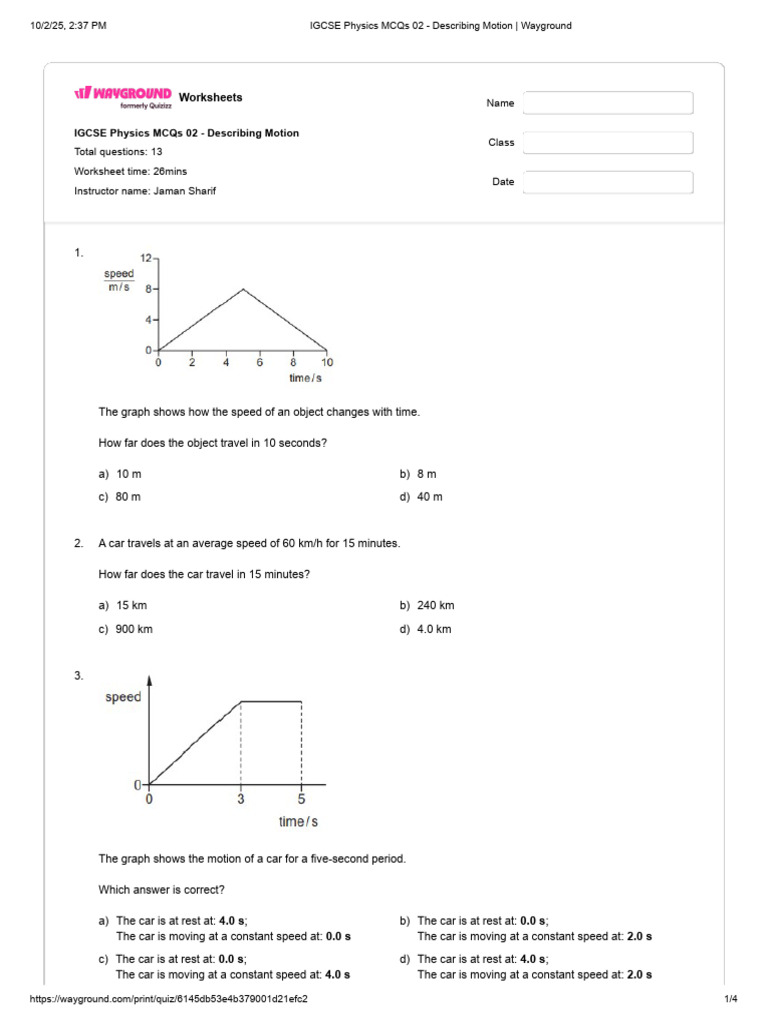 Physics Chapter 2 - Describing Motion - Assignment | PDF | Acceleration ...