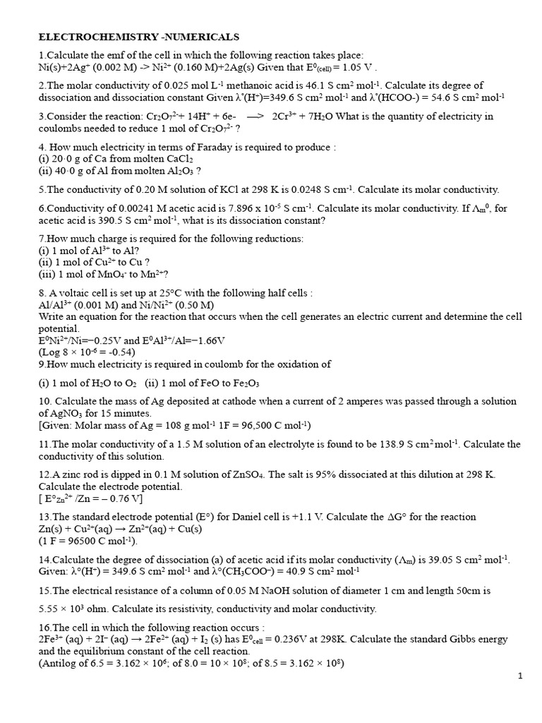 Electrochemistry Numericals | PDF | Electrochemistry | Applied And Interdisciplinary Physics