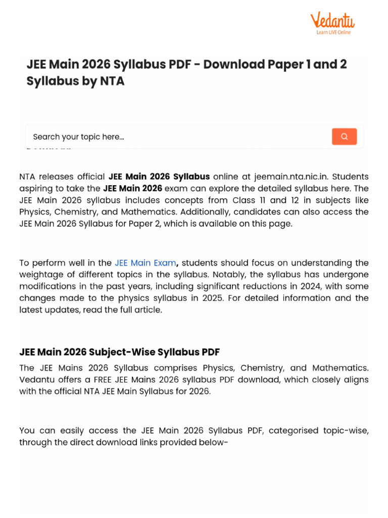 JEE Main 2026 Syllabus PDF - Download Paper 1 and 2 Syllabus by NTA | PDF