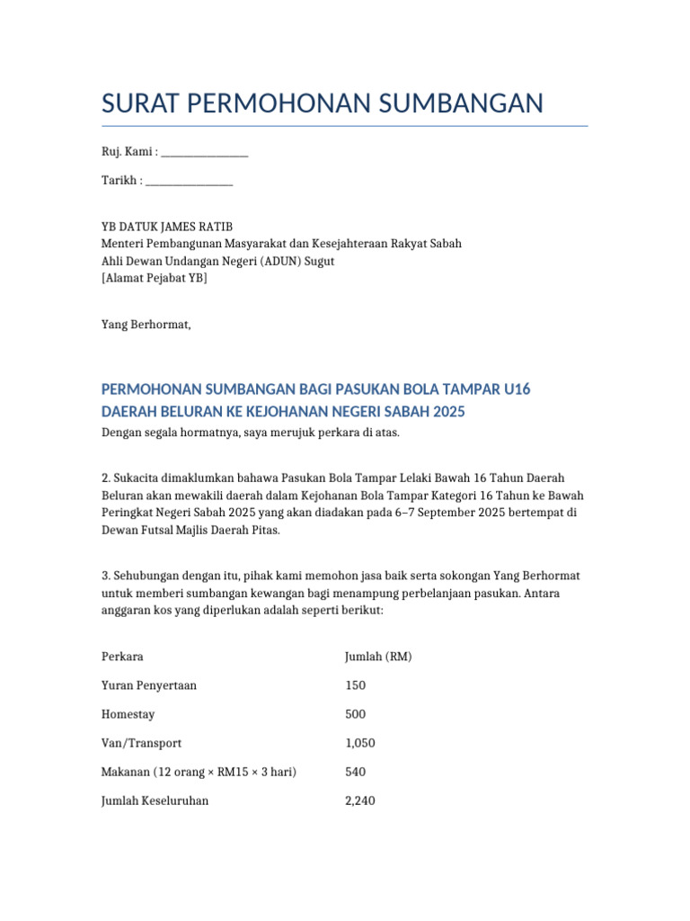 Surat Permohonan Sumbangan YB James Ratib | PDF