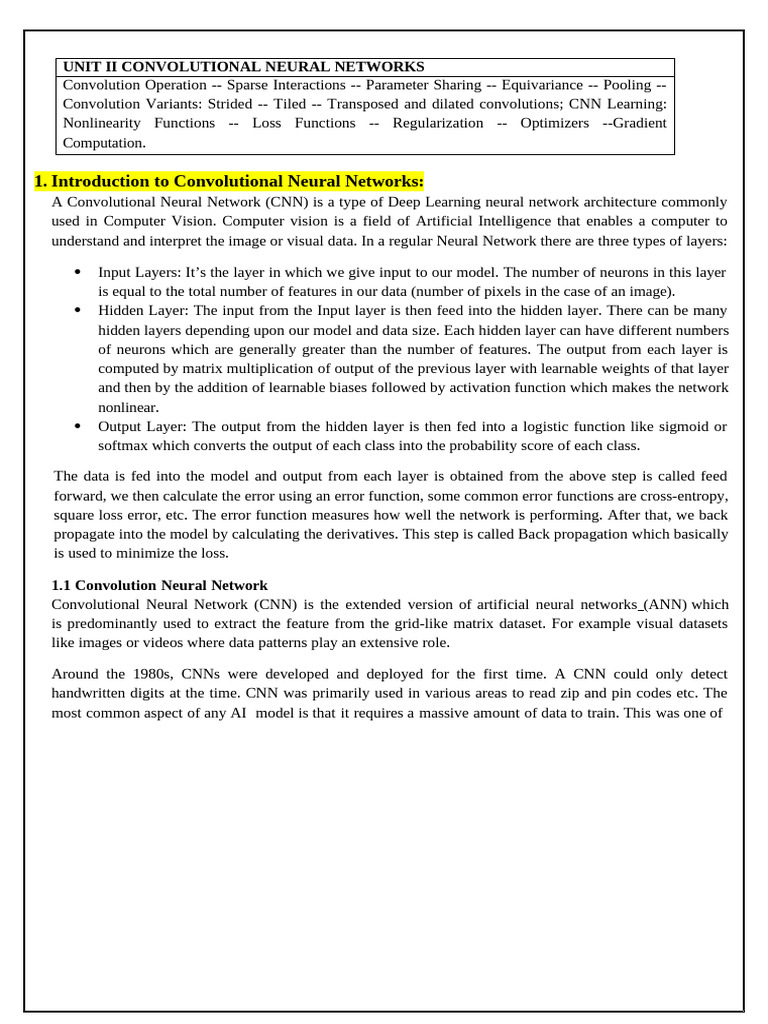 Deep Learning - AD3501 - Notes - Unit 2 - Convolutional Neural Networks ...