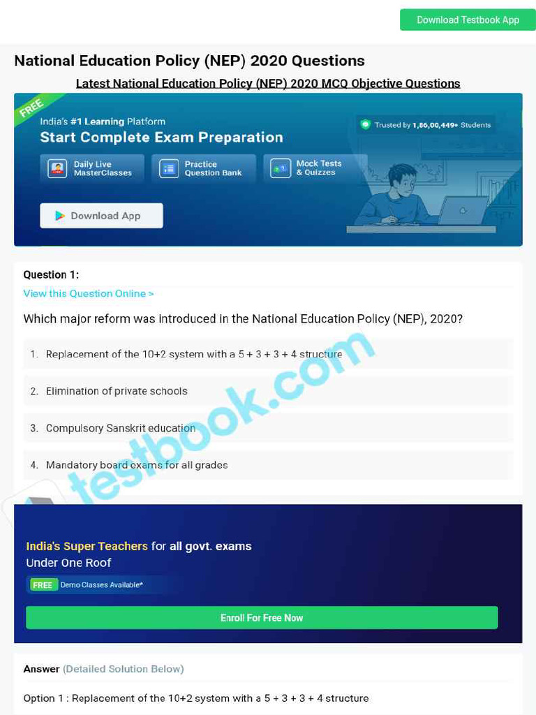 MCQ On National Education Policy Nep 2020 621f7275b9516ab546f0b29a | PDF