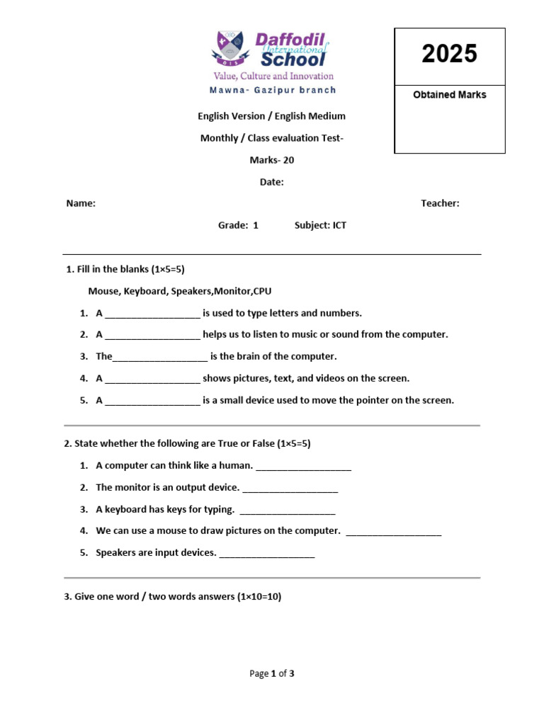 Grade 1 ICT Monthly Test Template | PDF