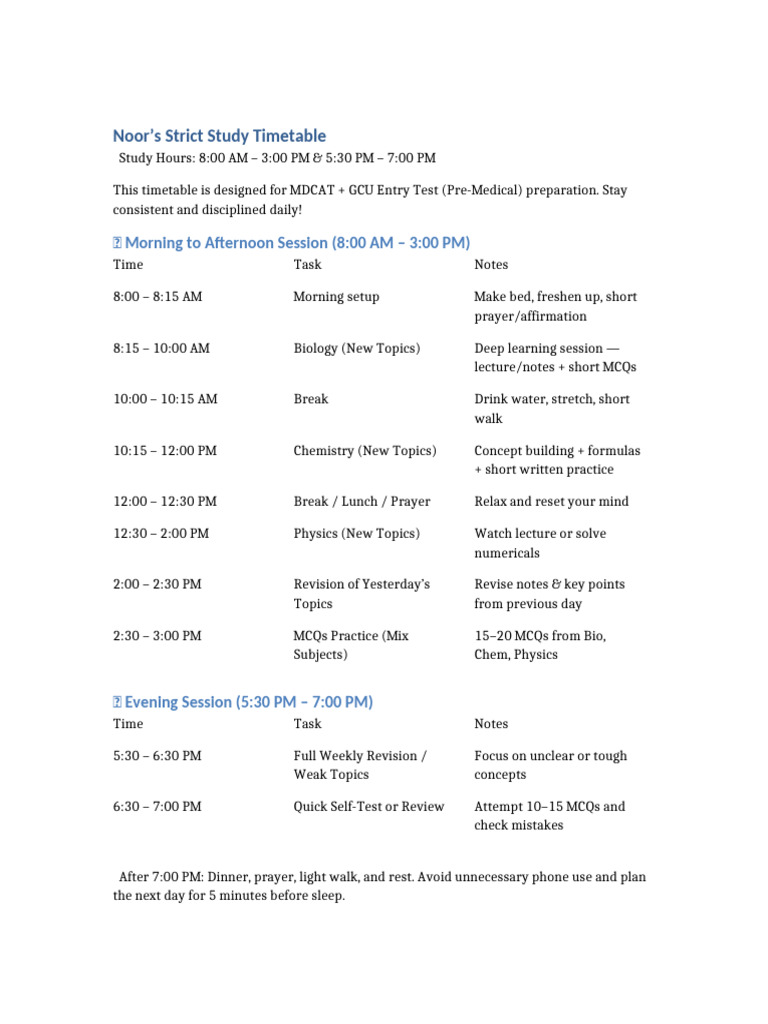 Noor Strict Study Timetable | PDF