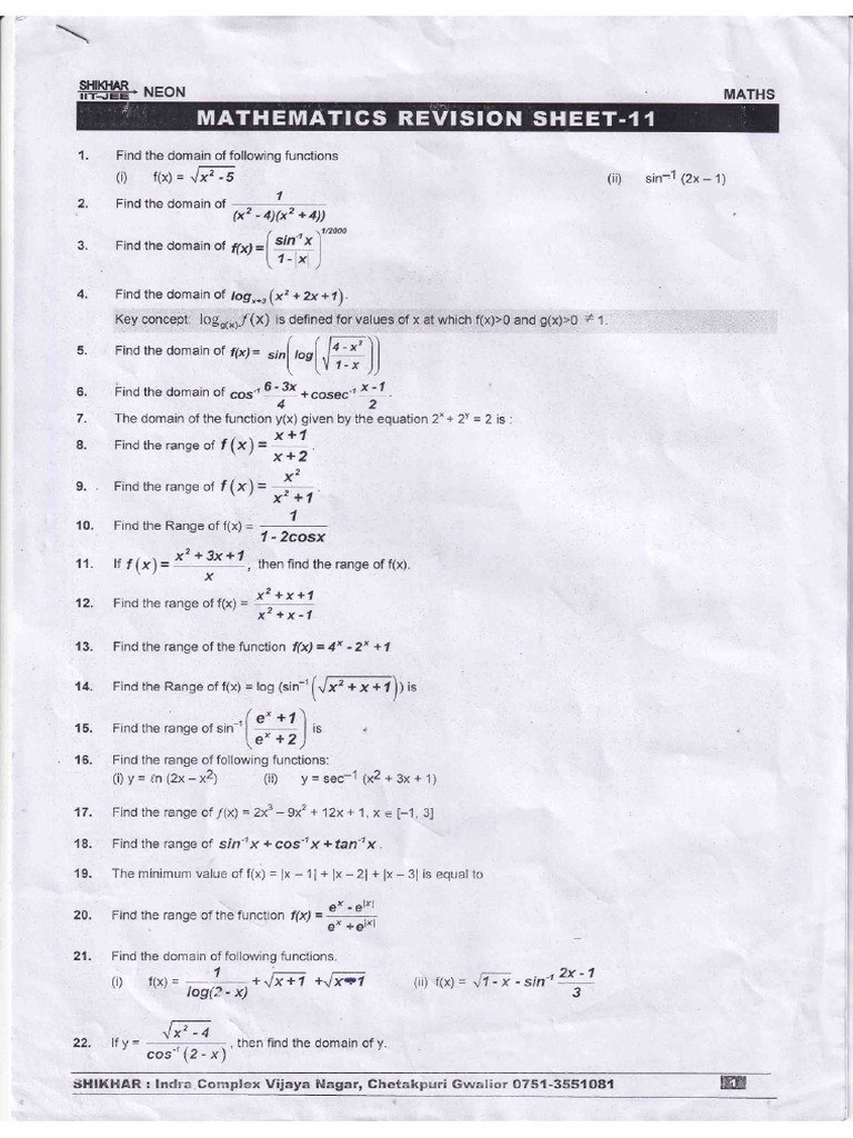 11-Revision Sheet (Domain and Range) (With Solution.) 14.08.2025 Jindal ...