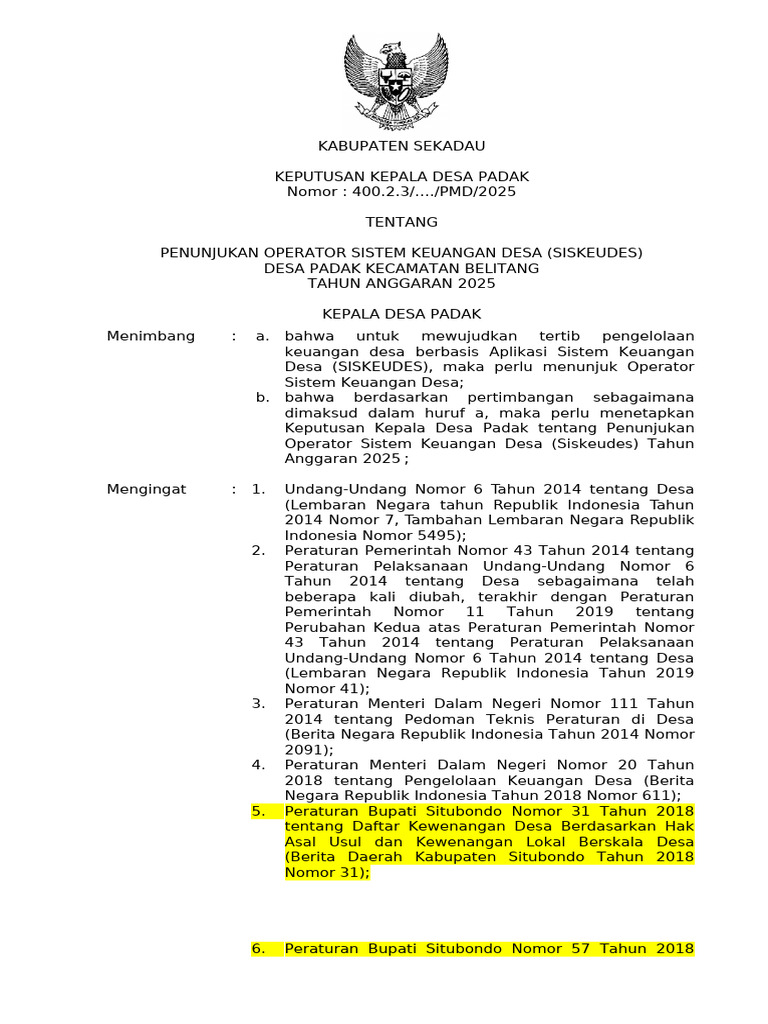 Penunjukan Operator Siskeudes Desa Padak | PDF
