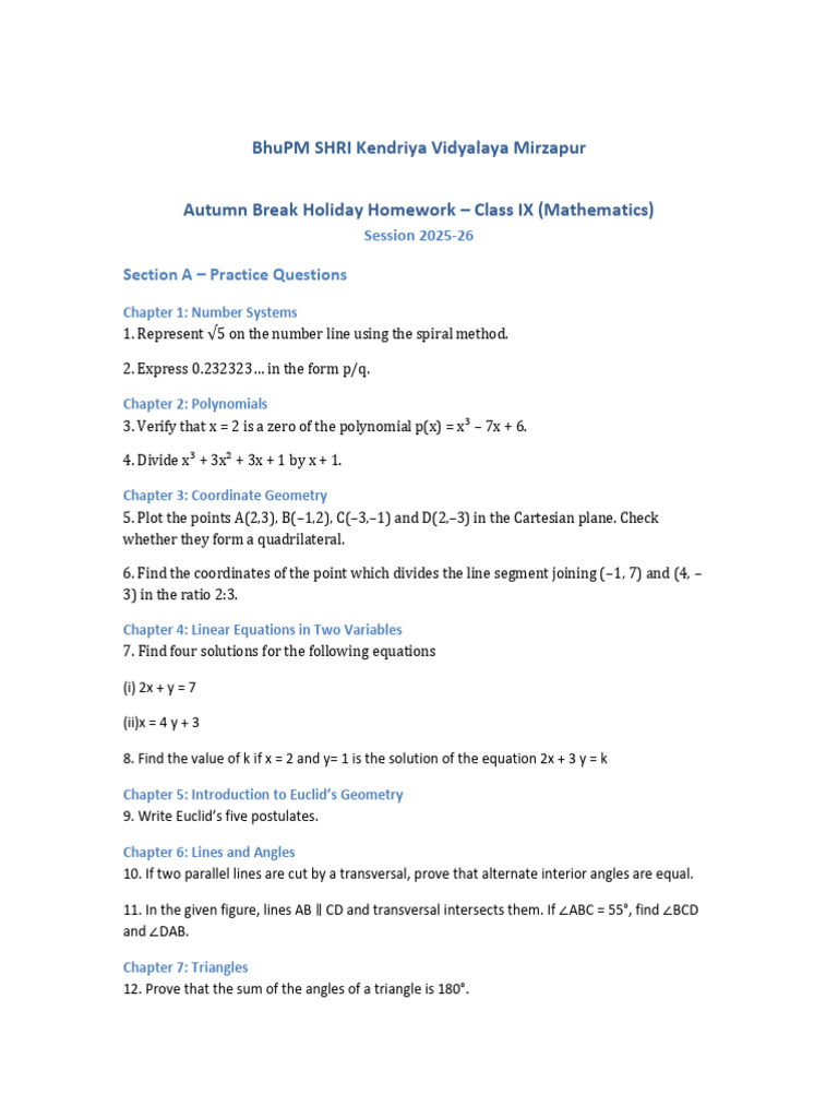 Class IX Math Holiday Homework 2025-26 | PDF | Line (Geometry ...