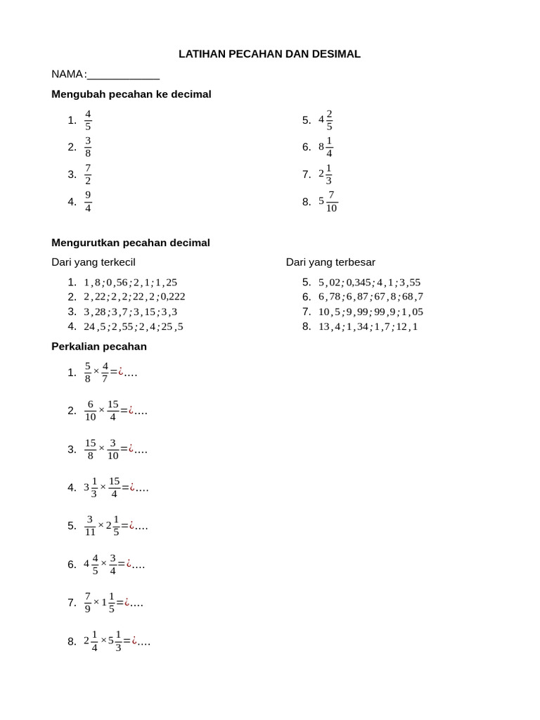 Latihan Pecahan Dan Desimal | PDF