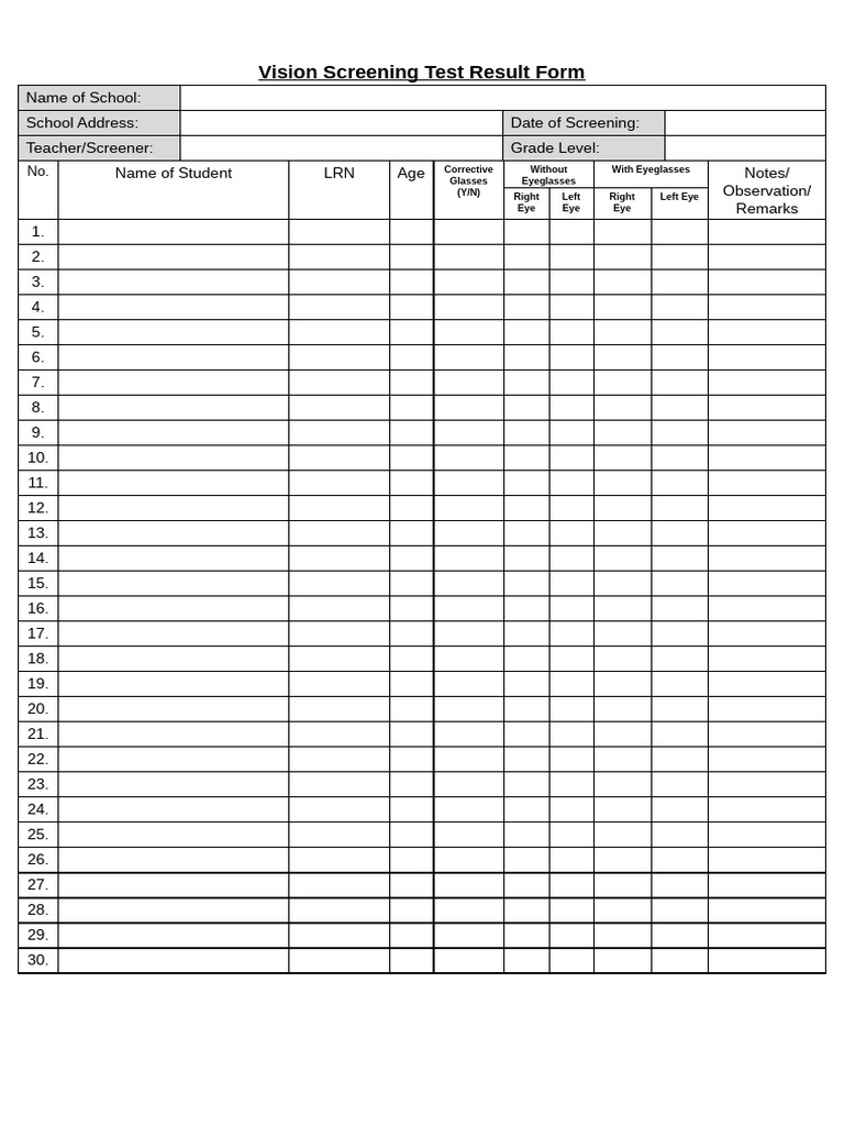 Vision Screening Test Results Form | PDF