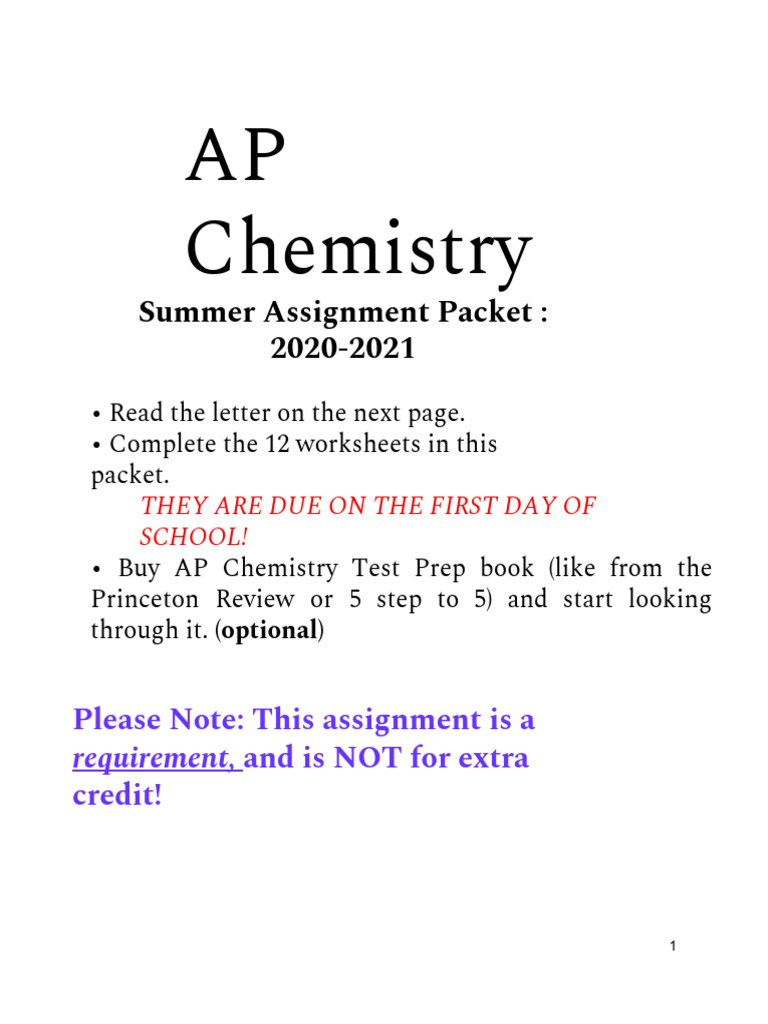 AP Chemistry Summer Assignment 2020-2021 | PDF | Mole (Unit) | Acid