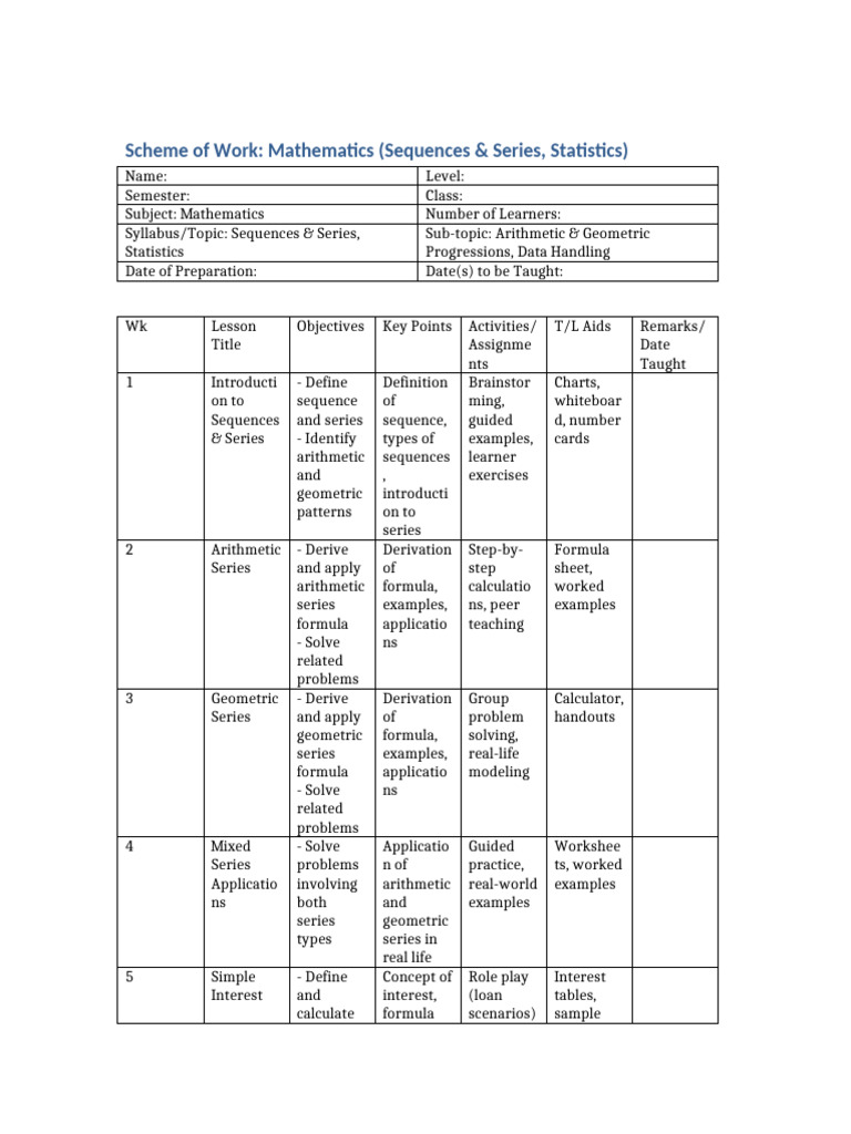 Scheme of Work Mathematics Sequences Statistics | PDF | Statistics ...
