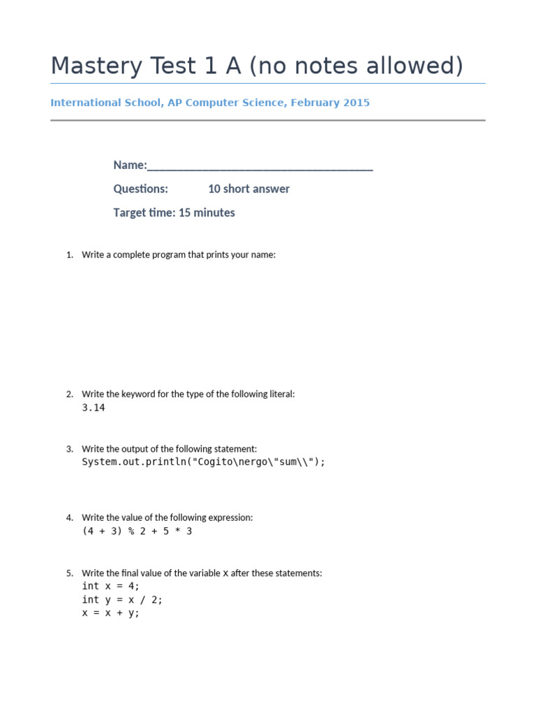 Apcs Mastery Test 1 A | PDF
