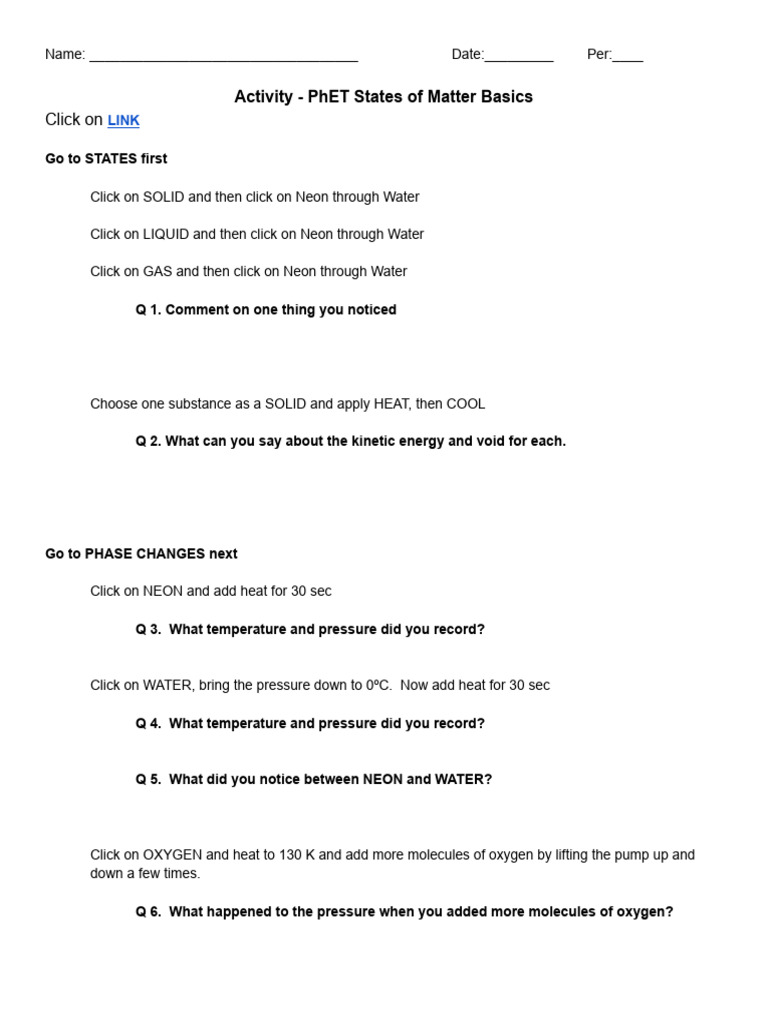 Activity - PhET States of Matter Basics F24 | PDF
