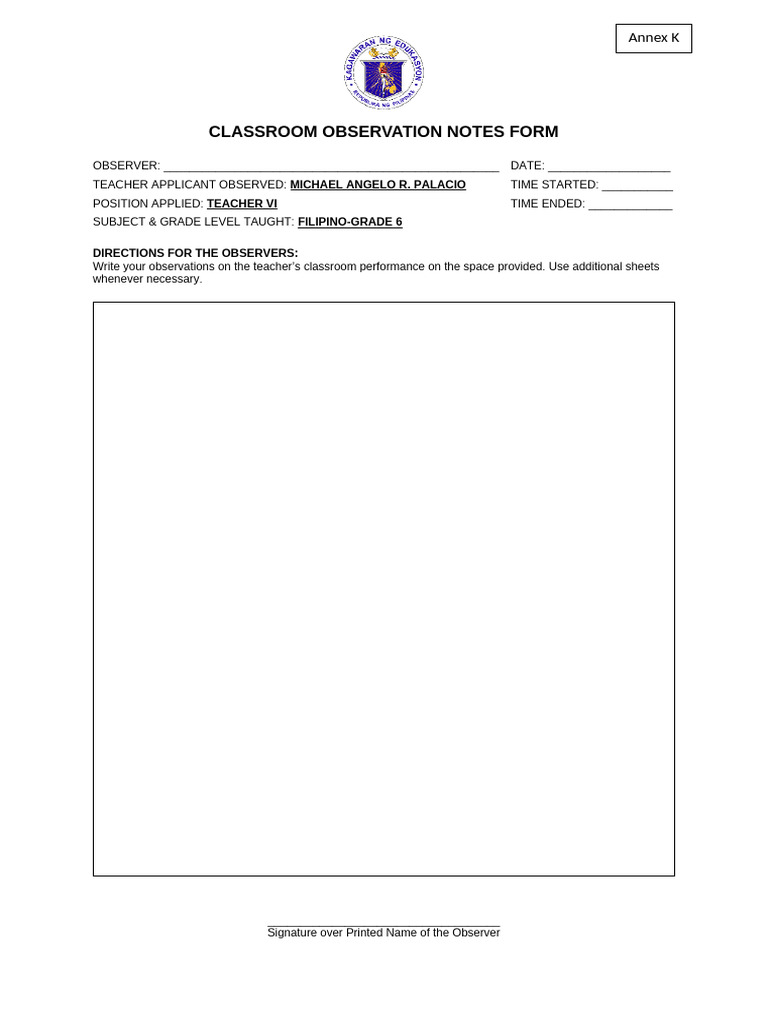 Annex K - COT Observation Notes Form | PDF