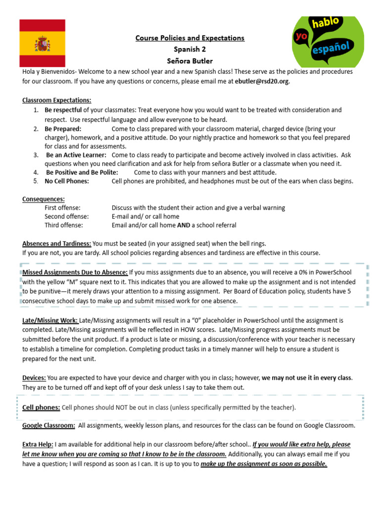 Spanish 2 Syllabus, Course Policies 2025-2026 | PDF | Learning | Human ...