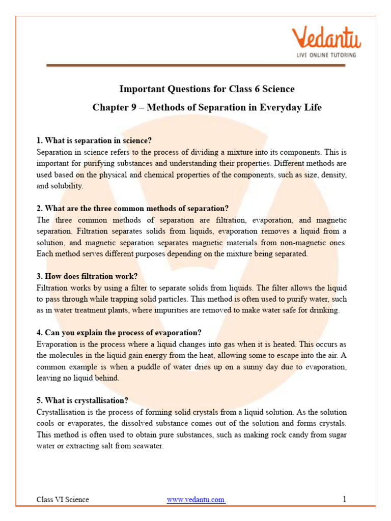 Methods of Separation for Class 6 Science | PDF | Filtration | Water