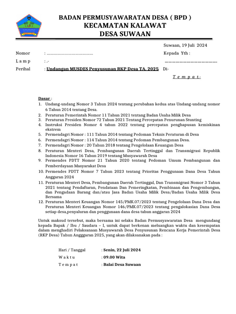 Undangan MUSDES RKP Desa 2025 Suwaan | PDF