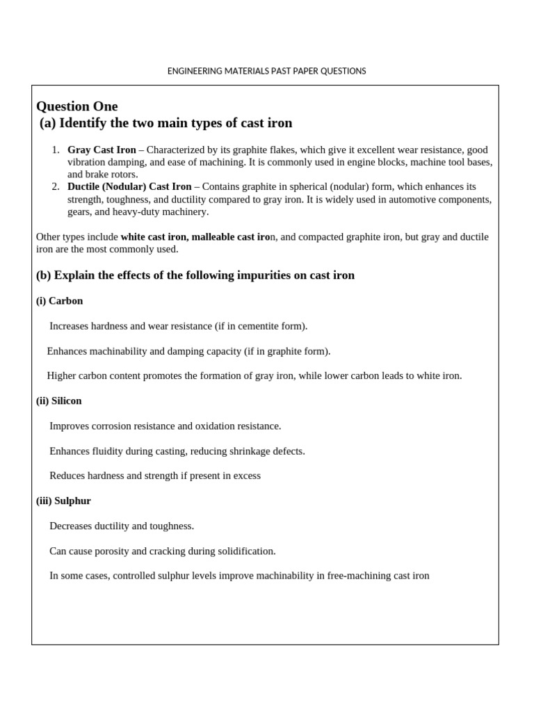 Materials Past Paper Questions Yr 1 Sem II | PDF | Cast Iron ...