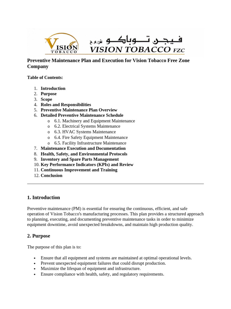 Preventive Maintenance Plan and Execution For Vision Tobacco Free Zone ...