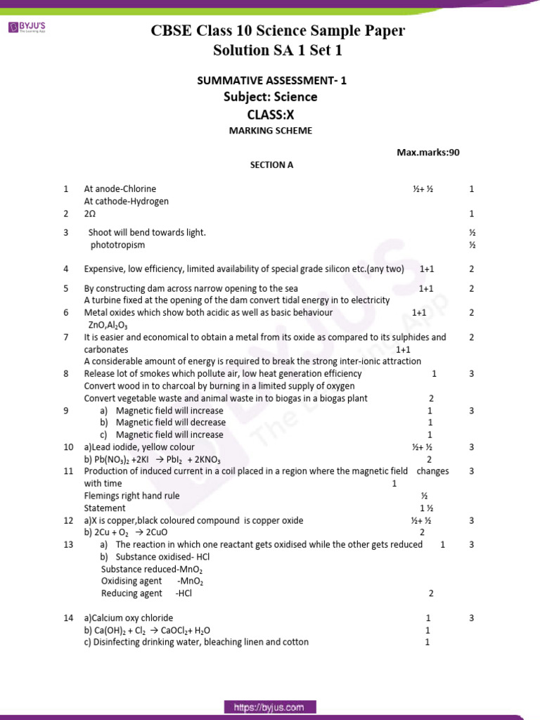 CBSE Class 10 Science Sample Paper Solution SA 1 Set 1 | PDF | Sodium ...