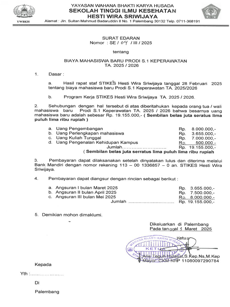 Biaya Mhs Baru Prodi S-1 Kep | PDF