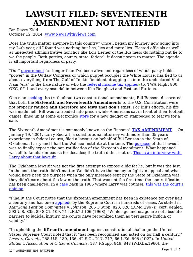 17th Amendment Not Ratifited - Devvy Kidd | PDF | Ratification | United ...