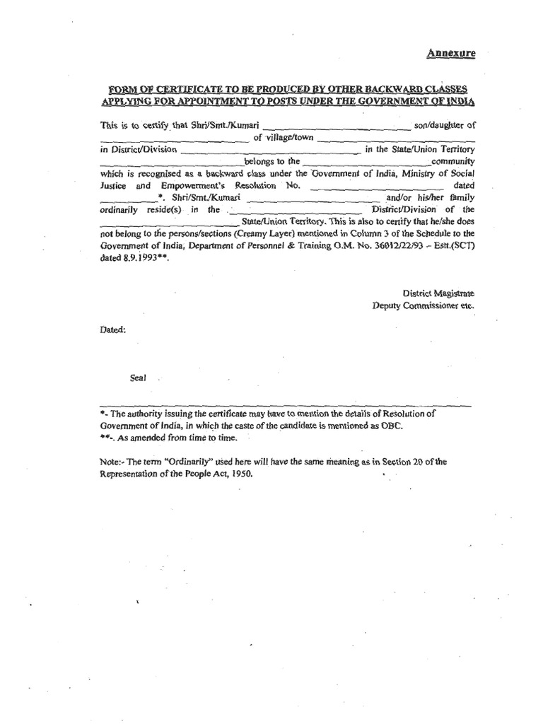 OBC Non-Creamy Layer Certificate Form | PDF