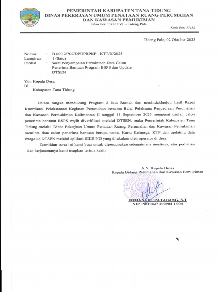 Surat Permintaan Data Calon PB Program BSPS Dan Updating DTSEN | PDF