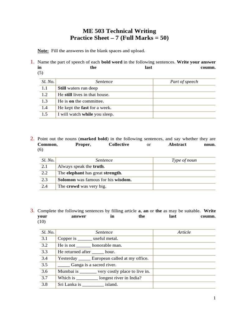 Technical Writing Practice Sheet 7 | PDF | Part Of Speech | Linguistics