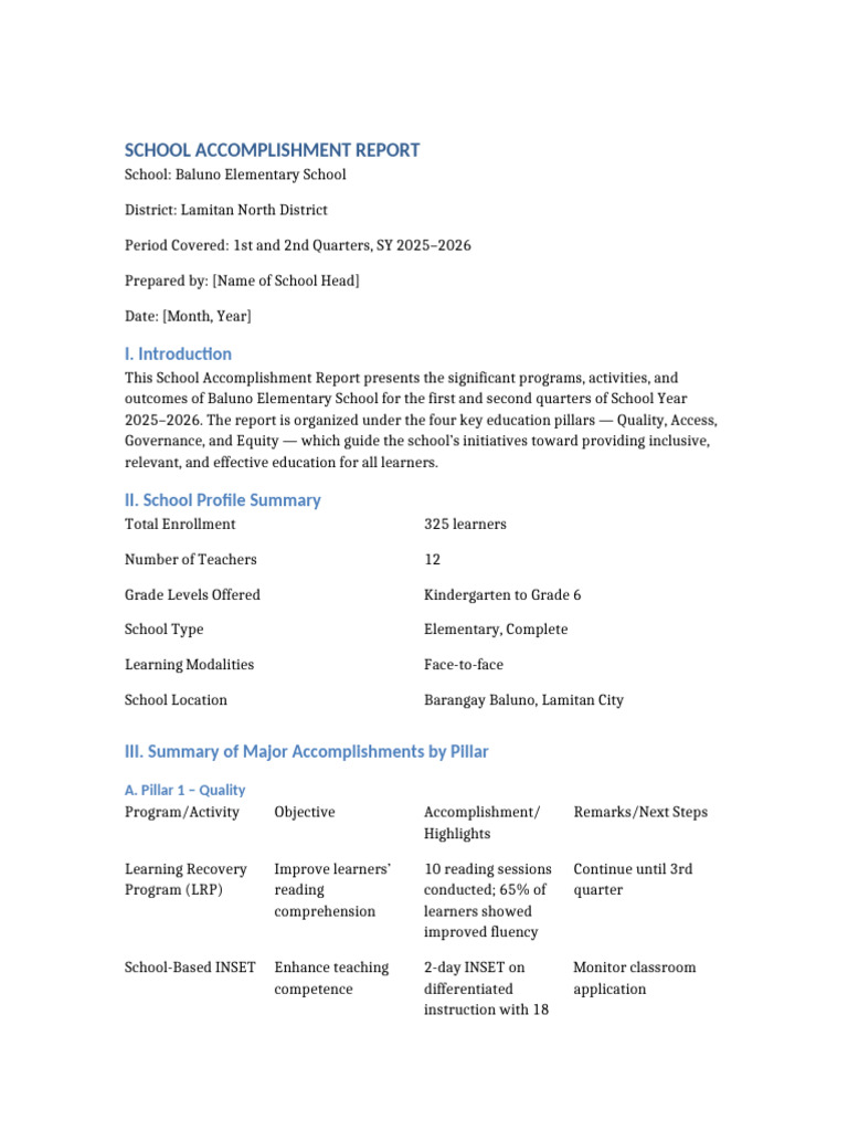 Simplified School Accomplishment Report Q1 Q2 | PDF | Governance | Schools