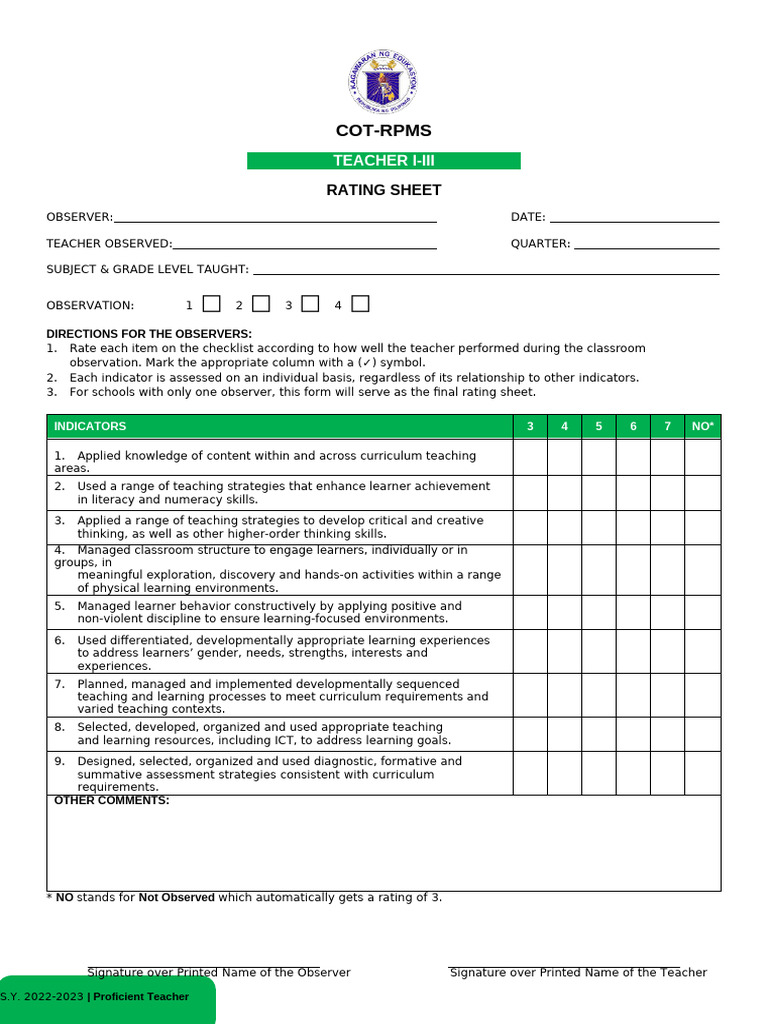 Teacher Observation Rating Sheet 2022-2023 | PDF | Teachers | Learning