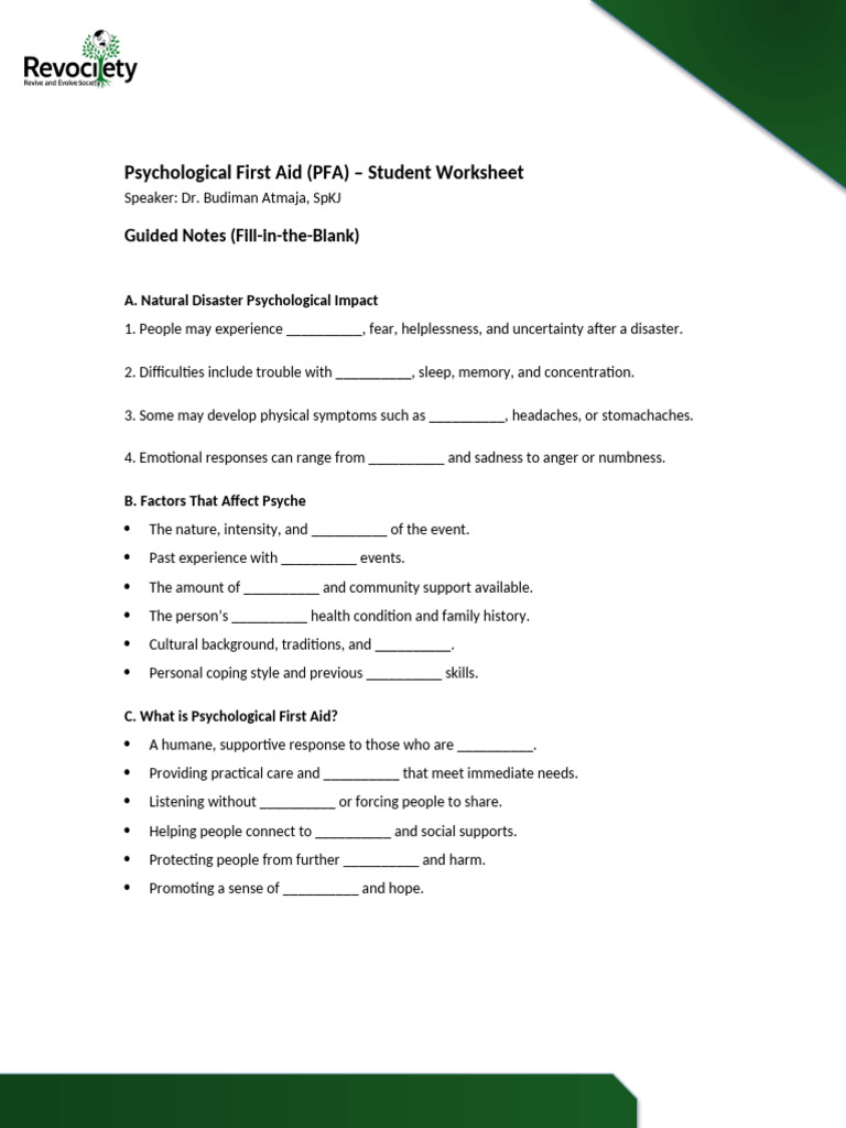 Psychological First Aid Student Worksheet | PDF | Psychological Trauma ...