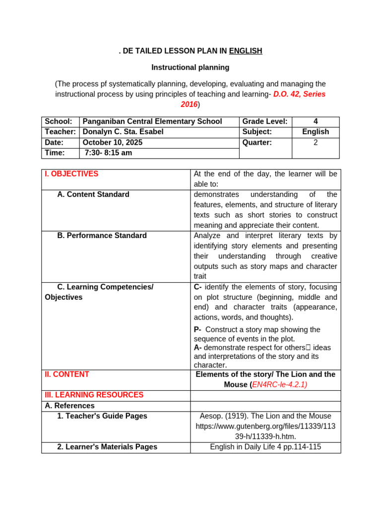 Detailed Lesson Plan in English | PDF | Lesson Plan | Behavior Modification