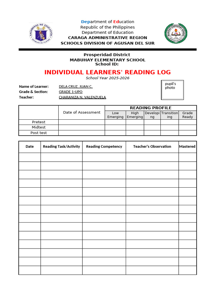 Reading Log Grade 1 | PDF