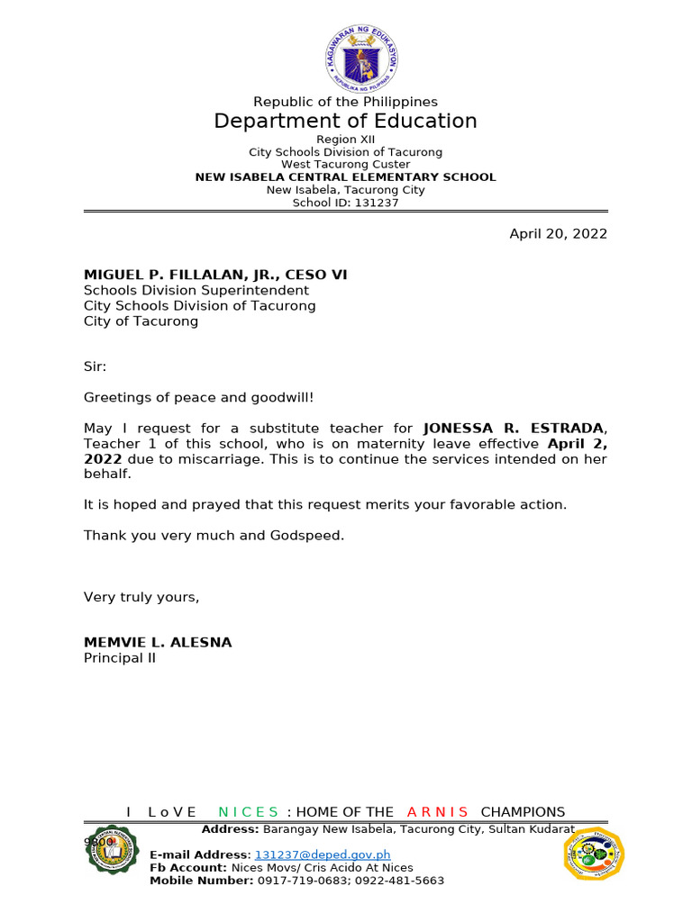 Request for Substitute Teacher | PDF