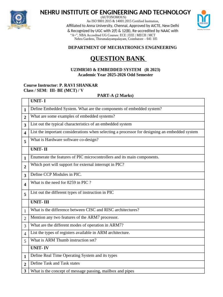 Question Bank Embedded System | PDF | Embedded System | Microcontroller