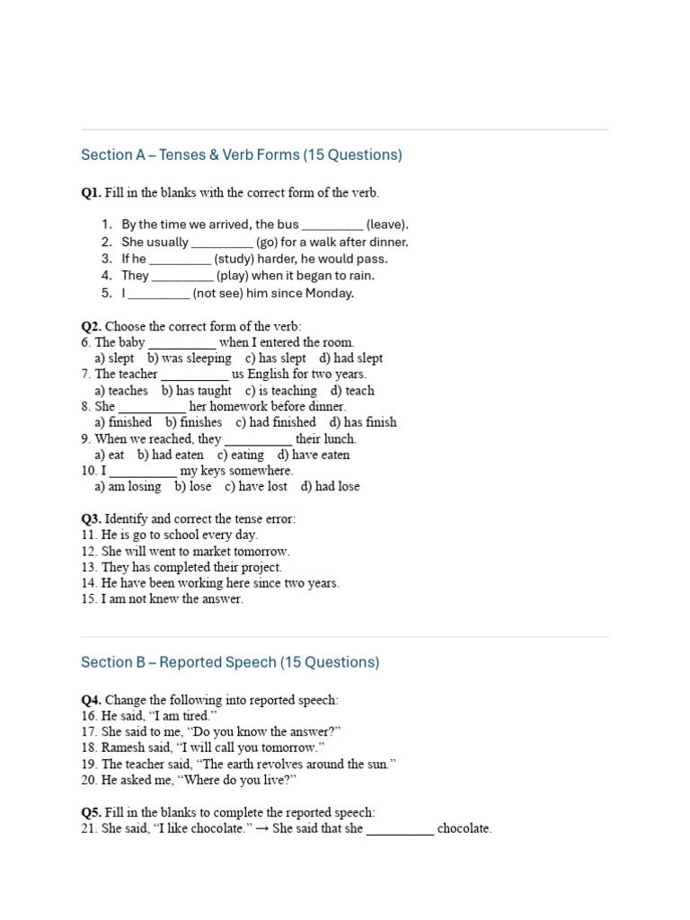 Section A - Tenses & Verb Forms (15 Questions) | PDF