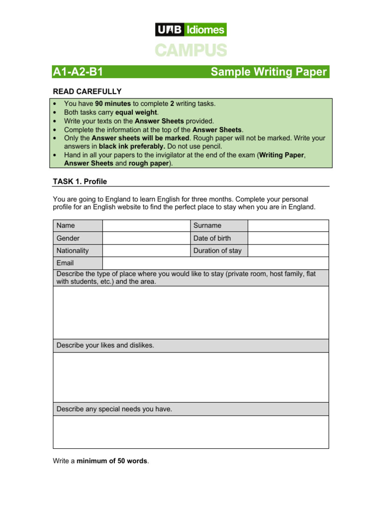 00 Sample Writing A1 A2 b1,0 | PDF