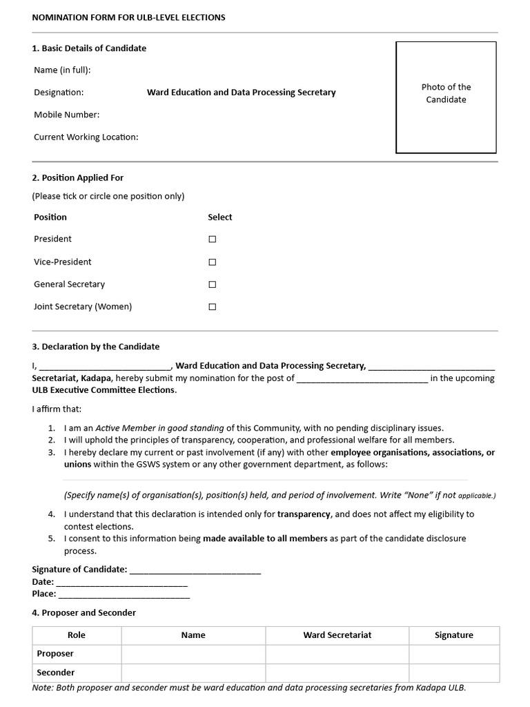 Nomination Form For Ulb | PDF | Government | Elections
