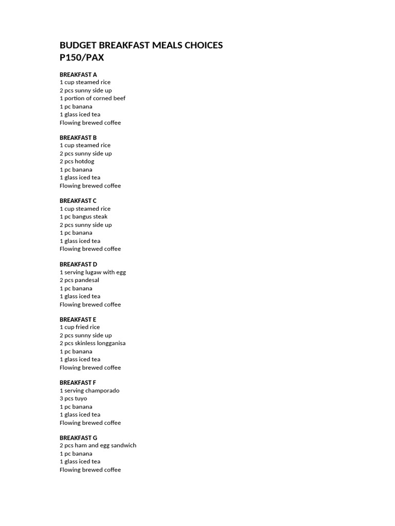 Budget Breakfast Meals Choices | PDF
