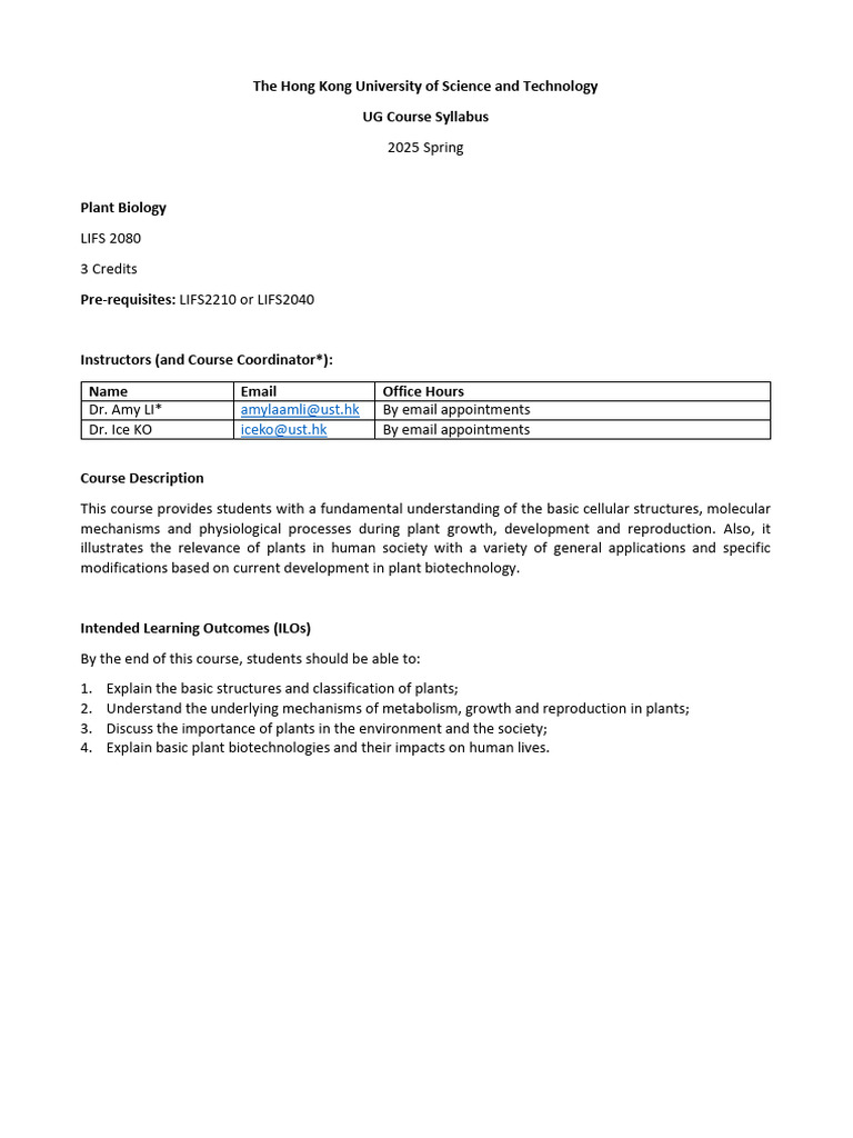 Plant Biology Course Syllabus 2025 | PDF | Critical Thinking | Plants